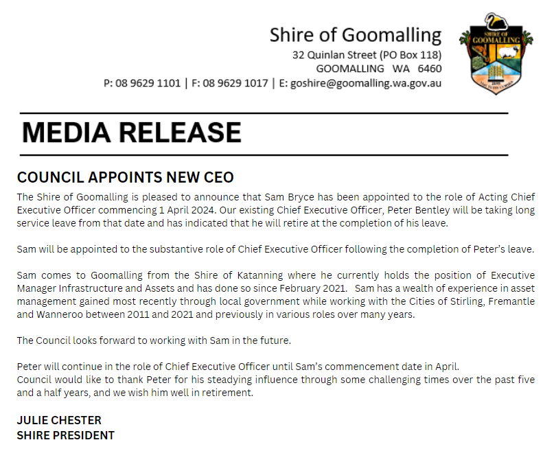 News Story - COUNCIL APPOINTS NEW CEO » Shire of Goomalling